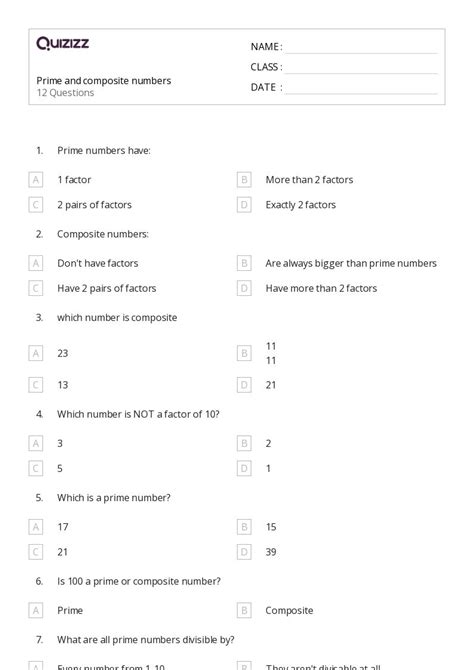 50 Prime And Composite Numbers Worksheets For 5th Grade On Quizizz