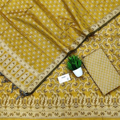 Mustard Surahi Jaal Cotton Silk Banarasi Suit Mohsin Textiles