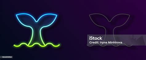 검은 색 배경에 고립 된 바다 파도 아이콘에 빛나는 네온 라인 고래 꼬리 벡터 고래에 대한 스톡 벡터 아트 및 기타 이미지 고래 귀여운 꼬리 Istock