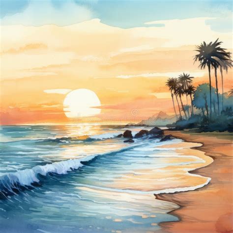 Watercolor Beach Sunset Drawing With Palm Trees And Sea Stock
