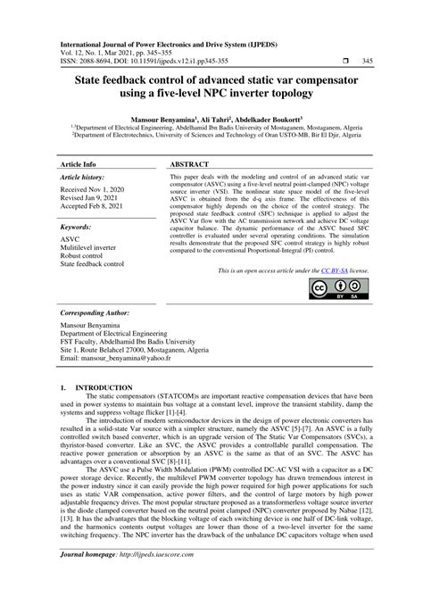 Pdf State Feedback Control Of Advanced Static Var Compensator Using A Five Level Npc Inverter