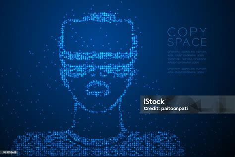 기 원형 도트 픽셀 패턴 남자 착용 Vr 헤드셋 모양 디자인 블루 색상 그림 복사 공간 벡터 Eps 10 블루 그라데이션 배경에