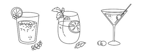 알콜 칵테일 세트 휴일 축하를위한 긴 음료 음료 디자인 축제 메뉴 장식에 사용합니다 손으로 그린 낙서 스타일 편집 가능한 획 마티니잔에 대한 스톡 벡터 아트 및 기타 이미지