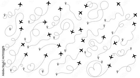 Airplane Or Aeroplane Routes Path Set Travel Concept From Start Point And Dotted Line Tracing