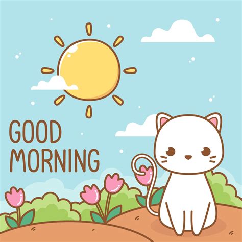 Good Morning With Cute Cat In The Garden 6475486 Vector Art At Vecteezy