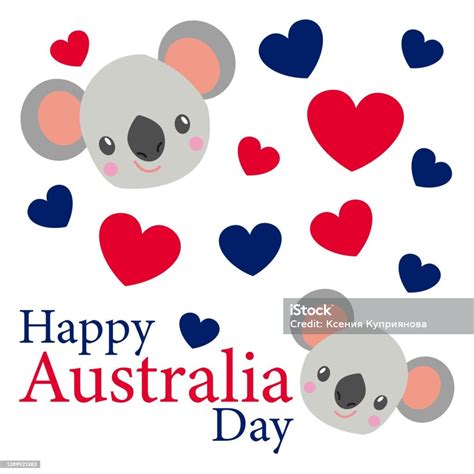 아기 코알라 미소 귀엽고 재미있습니다 플랫 만화 스타일 호주 국기 빨간색과 파란색 하트 흰색 배경입니다 1월 26일 엽서 배너 포스터용 템플릿입니다 해피 오스트레일리아의 날