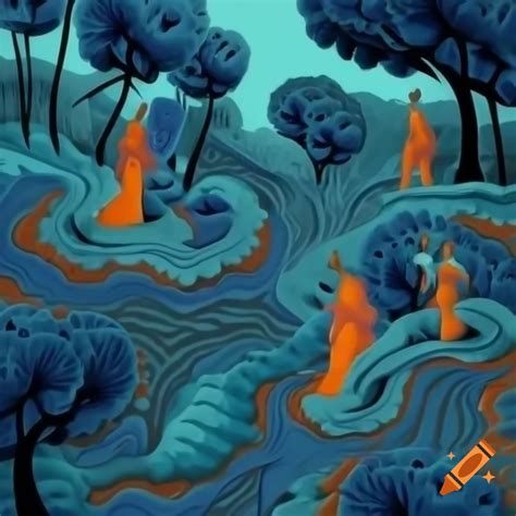 Surrealist Nature Landscape With People Featuring Fractal Patterns And