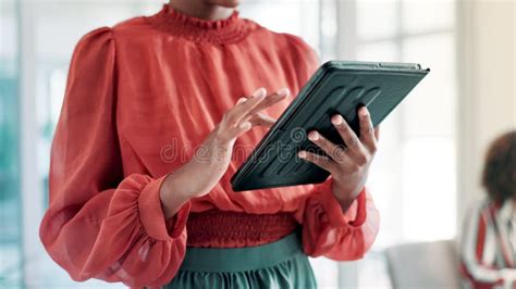 Business Woman, Hands and Scrolling with Tablet at Office for ...