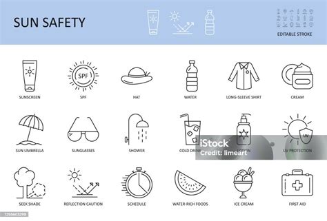 벡터 자외선 차단 및 안전 피부 아이콘 편집 가능한 스트로크 자외선 차단제 긴소매 셔츠 선글라스 모자 크림 물 차가운 음료 Spf 샤워는 그늘 반사주의 아이스크림을