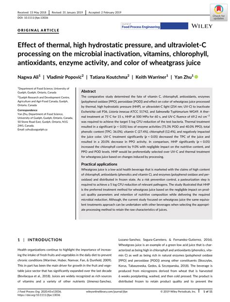 Pdf Effect Of Thermal High Hydrostatic Pressure And Ultraviolet C Processing On The