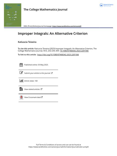 Improper Integrals An Alternative Criterion Pdf Integral Area