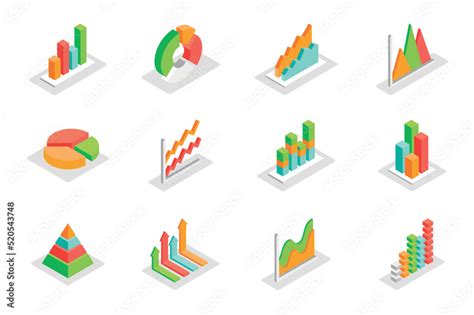graph and charts concept 3d isometric icons set bundle elements of bar