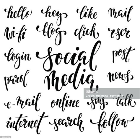 소셜 미디어와 인터넷 활동을 상징 하는 필기 단어의 큰 집합입니다 아름 다운 글꼴 흰색 배경에 고립 된 블랙 브러쉬에 작성 검색에 대한 스톡 벡터 아트 및 기타 이미지
