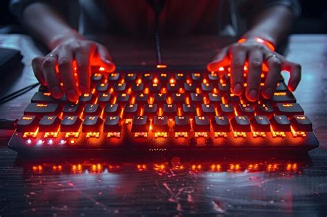 Gaming Keyboard With Red Backlit Keys In Action Nighttime Technology