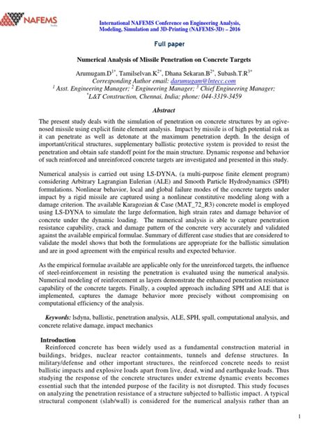 Ni3d088 Numerical Analysis Of Missile Penetration On Concrete Targets