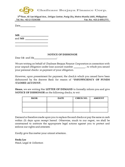 Revised Notice Of Dishonor Template Sample Pdf