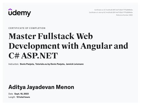 Udemy Course Completion Certificate Aditya Menon