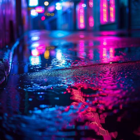 Multi Colored Neon Lights On A Dark City Street Reflection Of Neon Light In Puddles And Water
