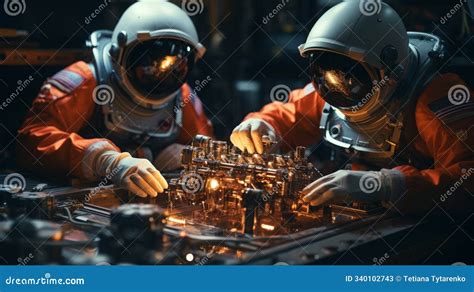 Engineers In Spacesuits Team Up To Assemble Spacecraft Components In A
