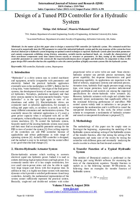 Pdf Design Of A Tuned Pid Controller For A Hydraulic System