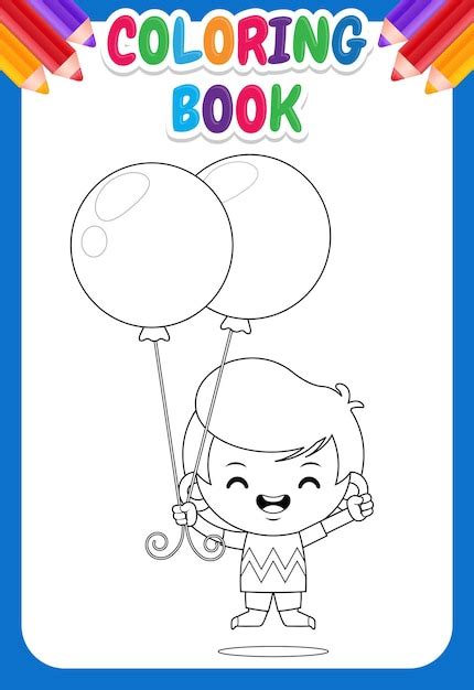 Libro Para Colorear Para Niños Cute Boy Jump With Balloon Vector Premium