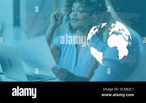 Globe Overlay Appearing Triggers Business Analyst Adjusting Glasses Reading Report Discussing