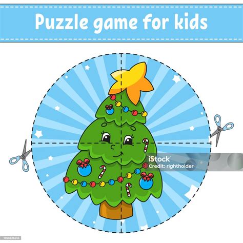 잘라 서 재생할 수 있습니다 둥근 퍼즐 트리 아이들을위한 논리 퍼즐 활동 페이지입니다 유치원에 대한 절단 연습 만화 캐릭터 크리스마스 테마 0명에 대한 스톡 벡터 아트 및