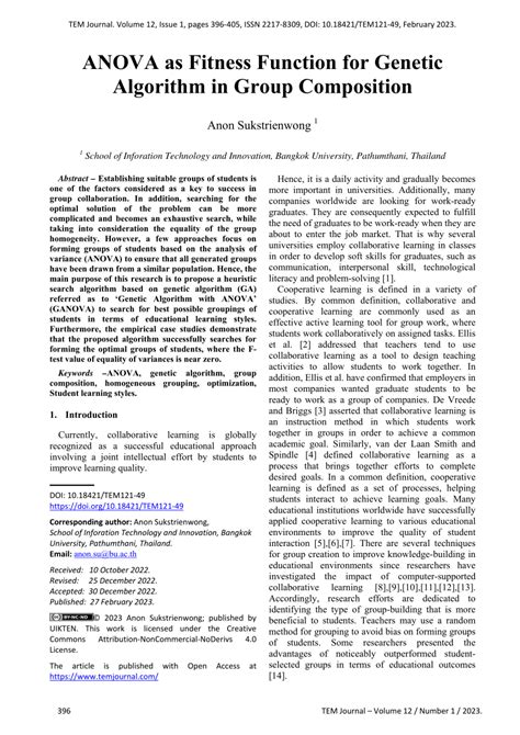 Pdf Anova As Fitness Function For Genetic Algorithm In Group Composition