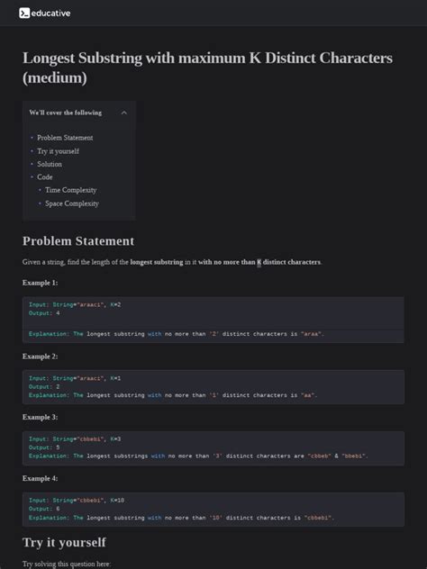 Longest Substring With Maximum K Distinct Characters Medium Pdf String Computer Science