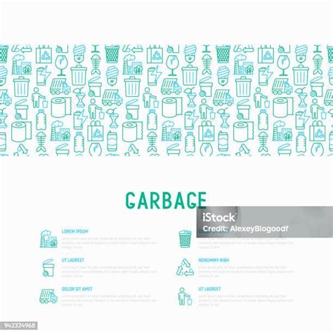 얇은 선 아이콘으로 쓰레기 개념 쓰레기통 유기 쓰레기 쓰레기 트럭 유리 재활용된 종이 알루미늄 배터리 플라스틱 병 현대 벡터 그림 웹 페이지 인쇄 매체에 대 한 재활용