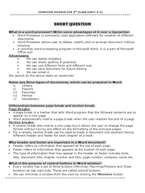 short question computer science for 9 class unit 3 pdf