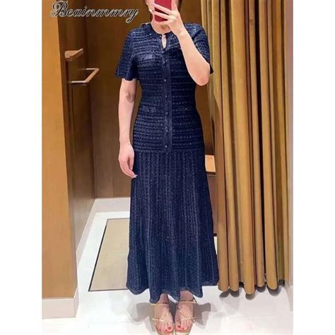 French Style Navy Blue Sequin Smocked Midi Dress With From