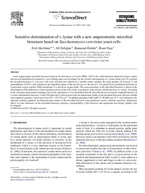 Pdf Sensitive Determination Of L Lysine With A New Amperometric Microbial Biosensor Based On