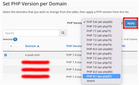cara ganti versi php di cpanel e padi helps