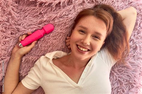 Young Happy Sexy Woman Hold In Hand Sex Toy Masturbate With Vibrator