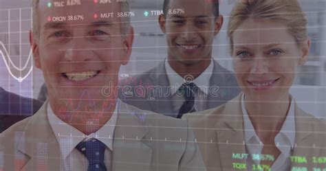 Image Of Stock Market Data Processing Over Portrait Of Diverse Businesspeople Smiling At Office