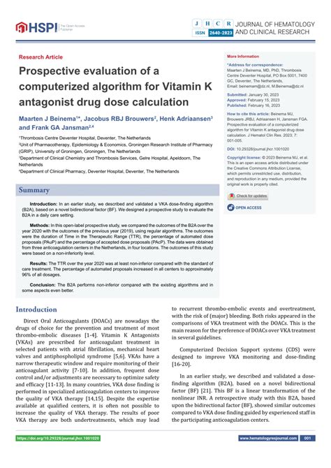 Pdf Prospective Evaluation Of A Computerized Algorithm For Vitamin K