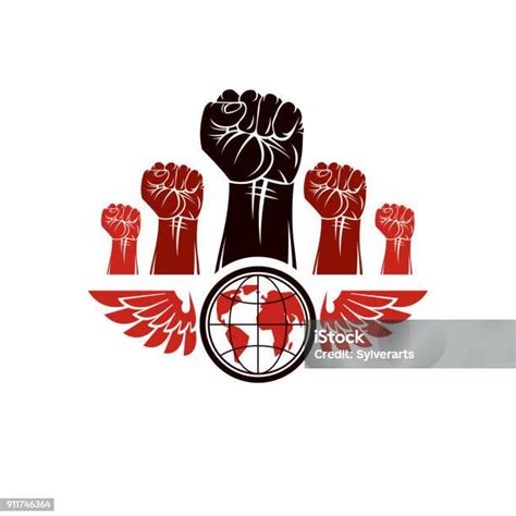 성 난 사람들의 쥔된 주먹 날개 벡터 상징 지구 세계 상징으로 구성 되어 있습니다 남북 전쟁 추상 그림입니다 사회 혁명