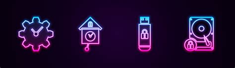 세트 라인 시간 관리 복고풍 벽 시계 잠금 및 하드 디스크와 Usb 플래시 드라이브및 빛나는 네온 아이콘 벡터 Usb 케이블에 대한 스톡 벡터 아트 및 기타 이미지 Istock