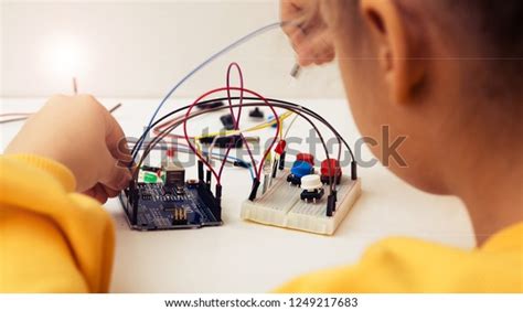 Cute Girl Constructs Robot Arduino Program Stock Photo Edit Now