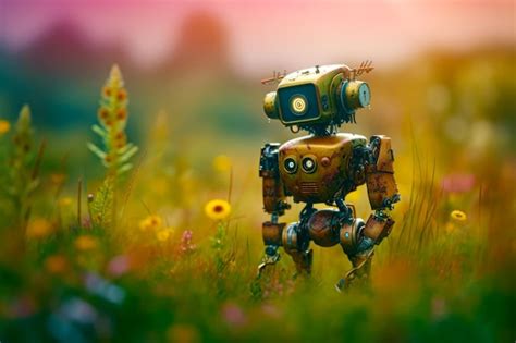 Premium Photo Small Robot Is Standing In Field Of Grass And Wildflowers Generative Ai
