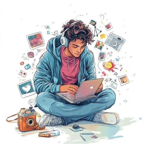 Young Adult Creating Content For Social Media Vector Cartoon Premium