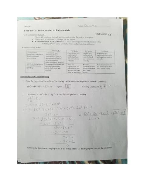 Unit Test Introduction To Polynomials B Studocu