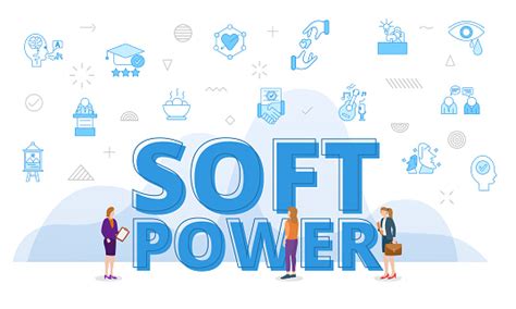 큰 단어와 파란색 스타일의 관련 아이콘으로 둘러싸인 사람들이 있는 소프트 파워 개념 개념에 대한 스톡 벡터 아트 및 기타 이미지 개념 개념과 주제 대형 Istock