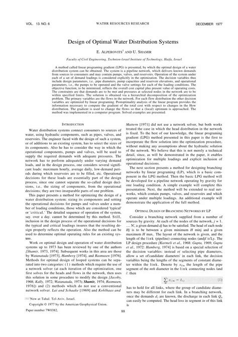 Pdf Design Of Optimal Water Distribution Systems