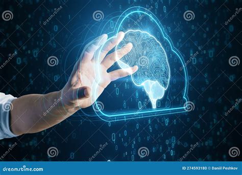 Artificial Intelligence Hardware Concept Close Up Of Male Hand Holding Glowing Cloud Brain And
