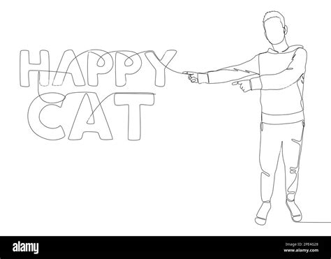 One Continuous Line Of Man Pointing With Finger At Happy Cat Word Thin Line Illustration Vector