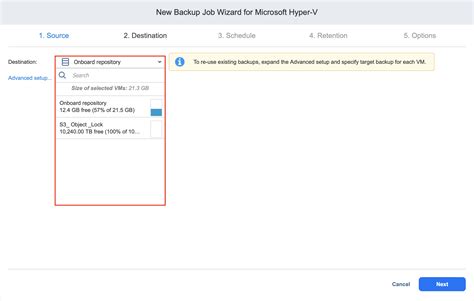 backup job wizard for hyper v destination