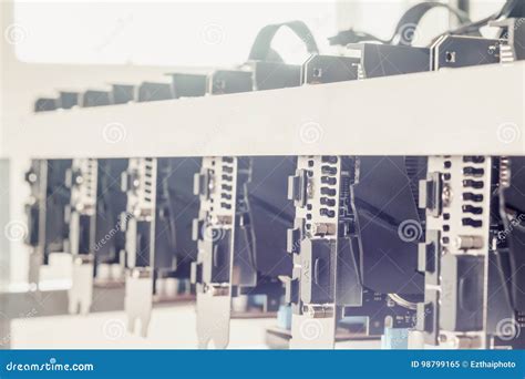 Cryptocurrency Background Mining Rig Close Up Of Array Of GPU Stock