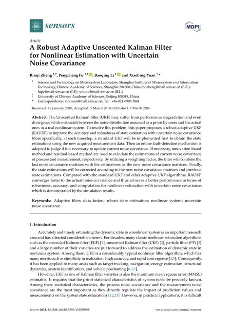 Pdf A Robust Adaptive Unscented Kalman Filter For Nonlinear Estimation With Uncertain Noise